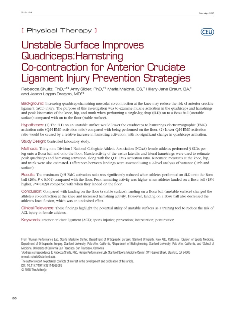 Unstable Surface Improves Quadriceps:Hamstring Co-Contraction For ...