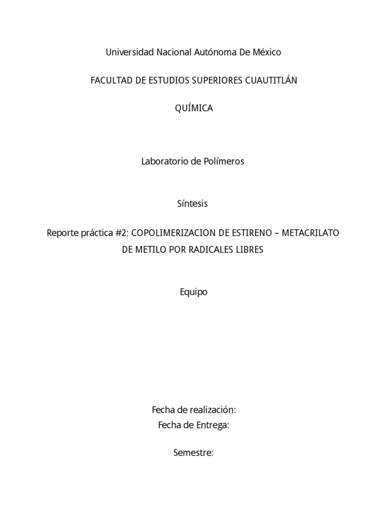 Copolimerizacion de Estireno y Metacrilato de Metilo | PDF | Polímeros ...
