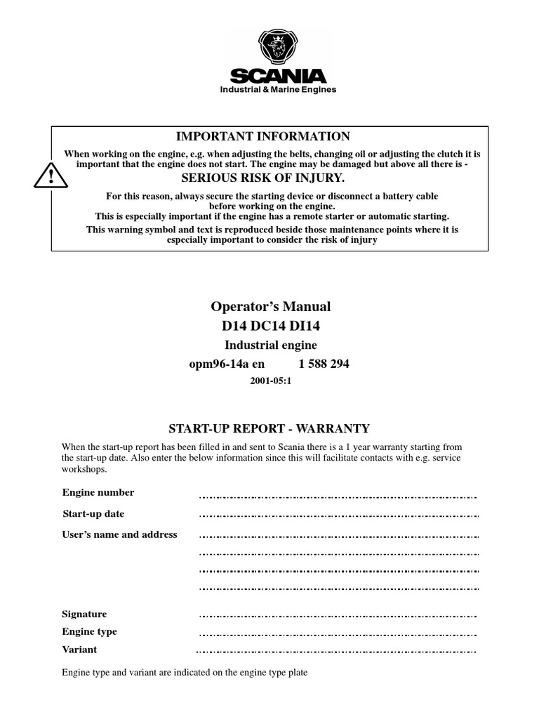 Important Information: Operator's Manual D14 DC14 DI14 | PDF | Motor ...