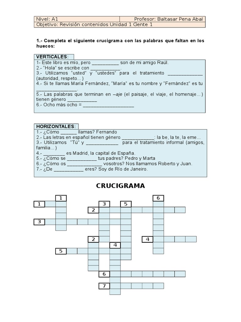 Crucigrama Vocabulario A1 | PDF