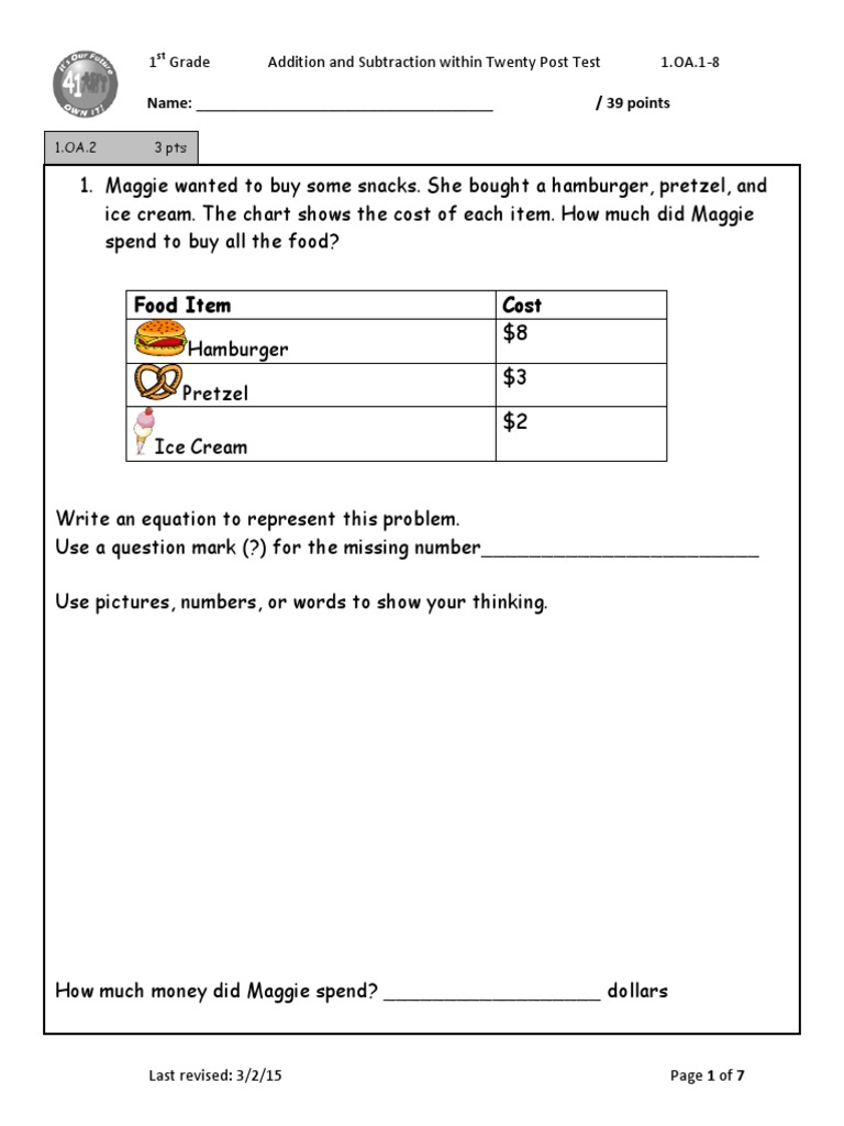gr1 Add Subtract Within 20 Post | PDF | Teaching Mathematics | Science