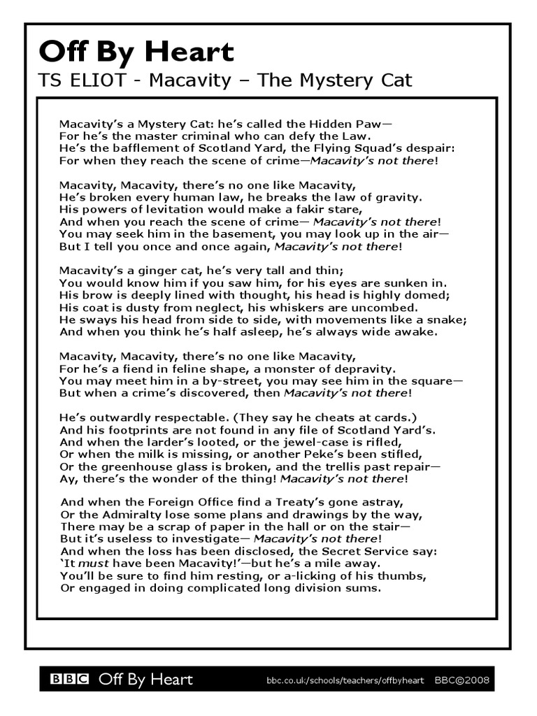 Macavity The Mystery Cat Eliot | PDF | Mystery, Thriller & Crime ...