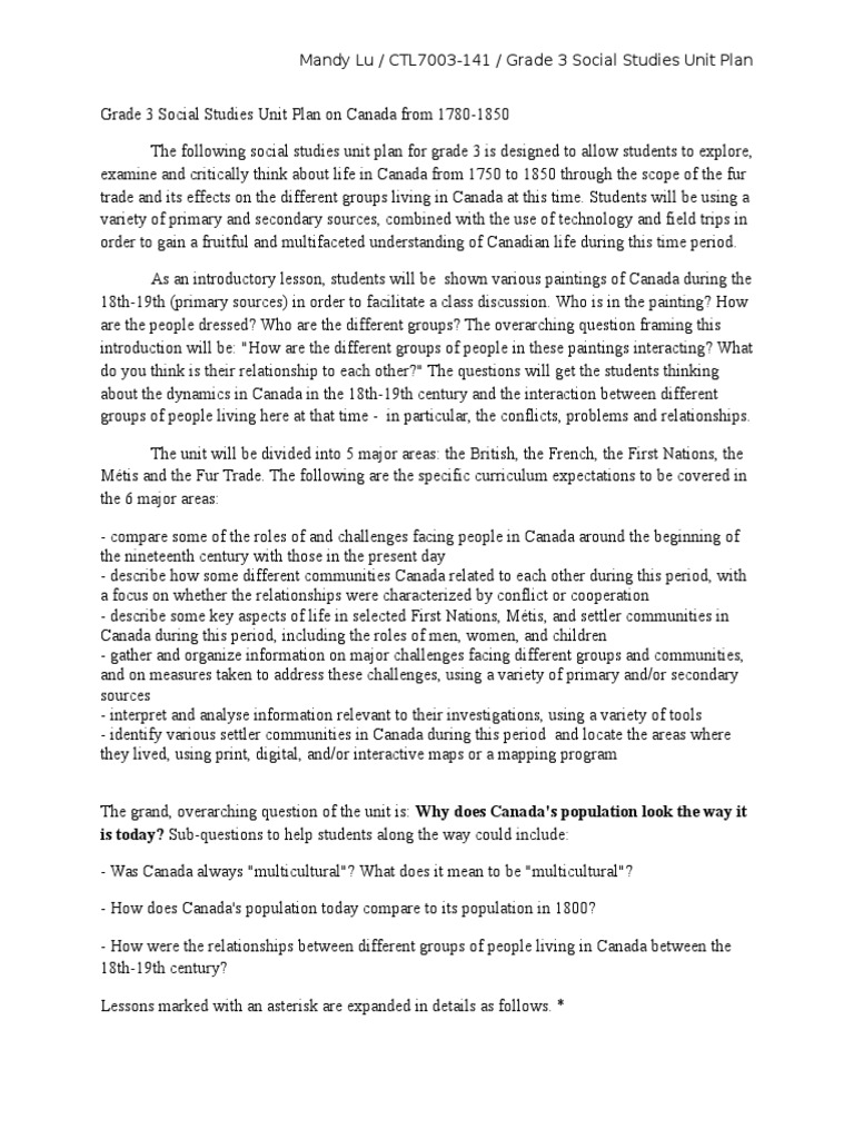 Grade 3 Unit Plan: Early Canada 1780-1850 | PDF | First Nations ...