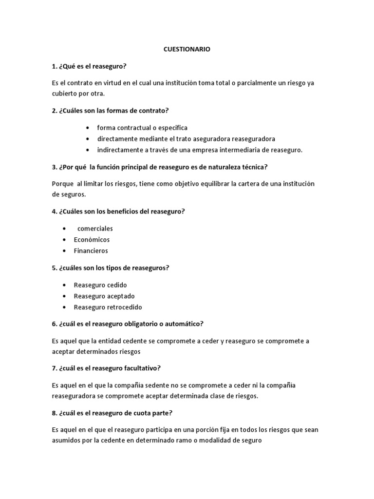 Cuestionario de Grupo #4 PDF | PDF | Reaseguro | Seguro