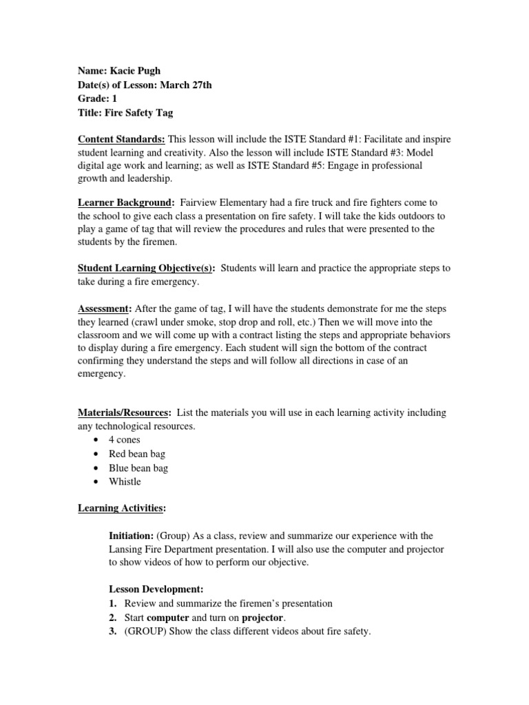 Grade 1 Fire Safety Lesson Plan | PDF | Lesson Plan | Quality Of Life