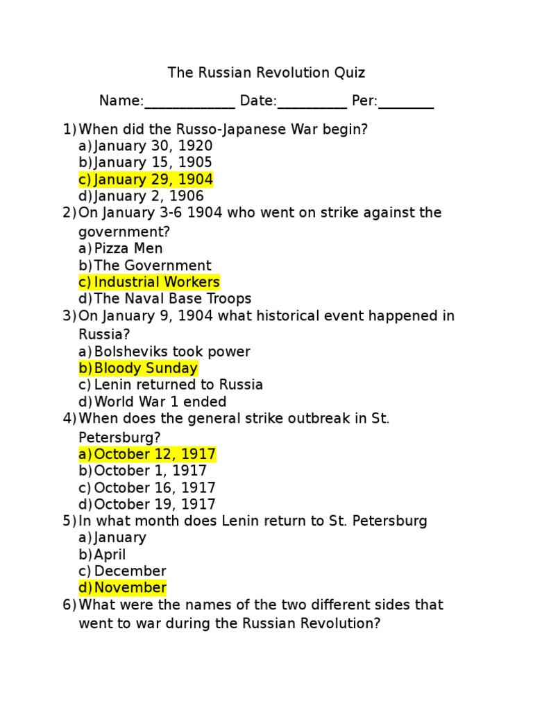 Russian Revolution MCQ Quiz for Class 9 | PDF | Russian Revolution ...
