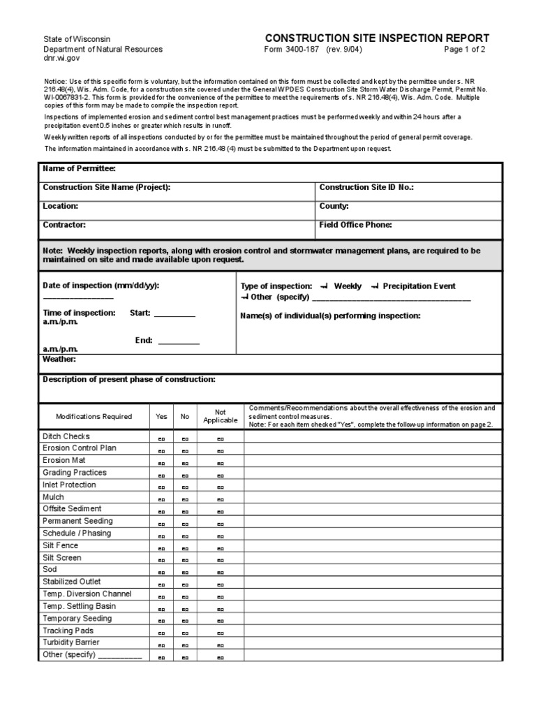 Construction Site Inspection Report | PDF | Stormwater | Environmental ...