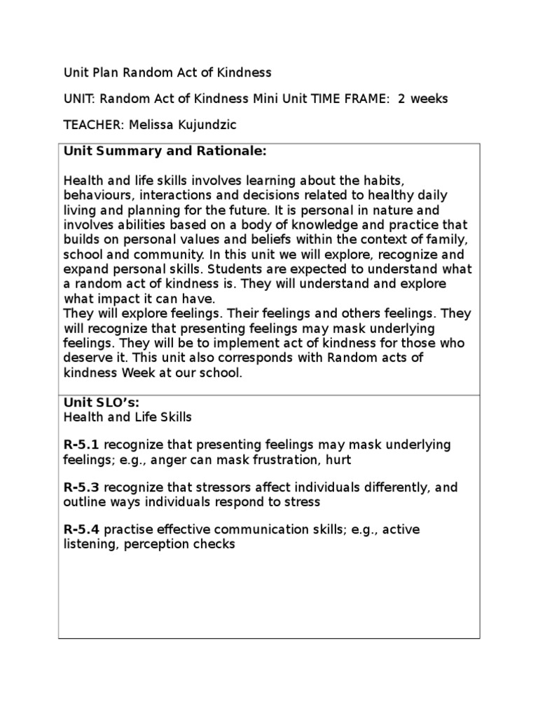 Random Acts of Kindness Unit Plan | PDF | Educational Assessment ...