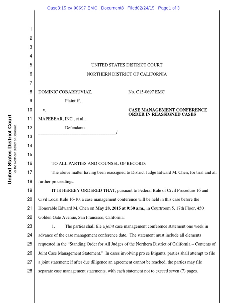 Case Management Conference Order in Reassigned Cases | PDF | Federal ...
