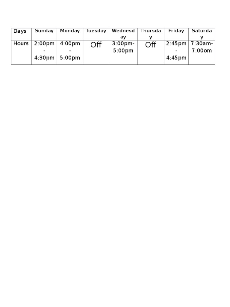 Weekly Schedule of Operating Hours | PDF | Cooking, Food & Wine
