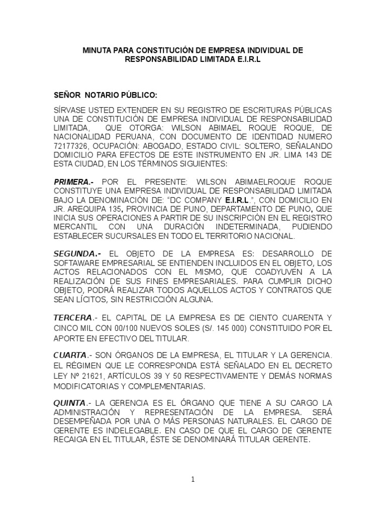 Minuta de Constitucion de Empresa | PDF