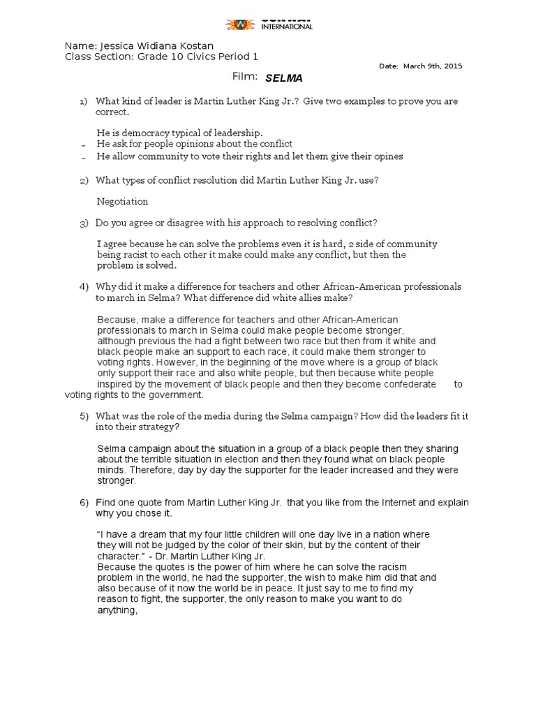 Selma - Movie Reflection Questions (1) - Word 2 | PDF | Martin Luther ...