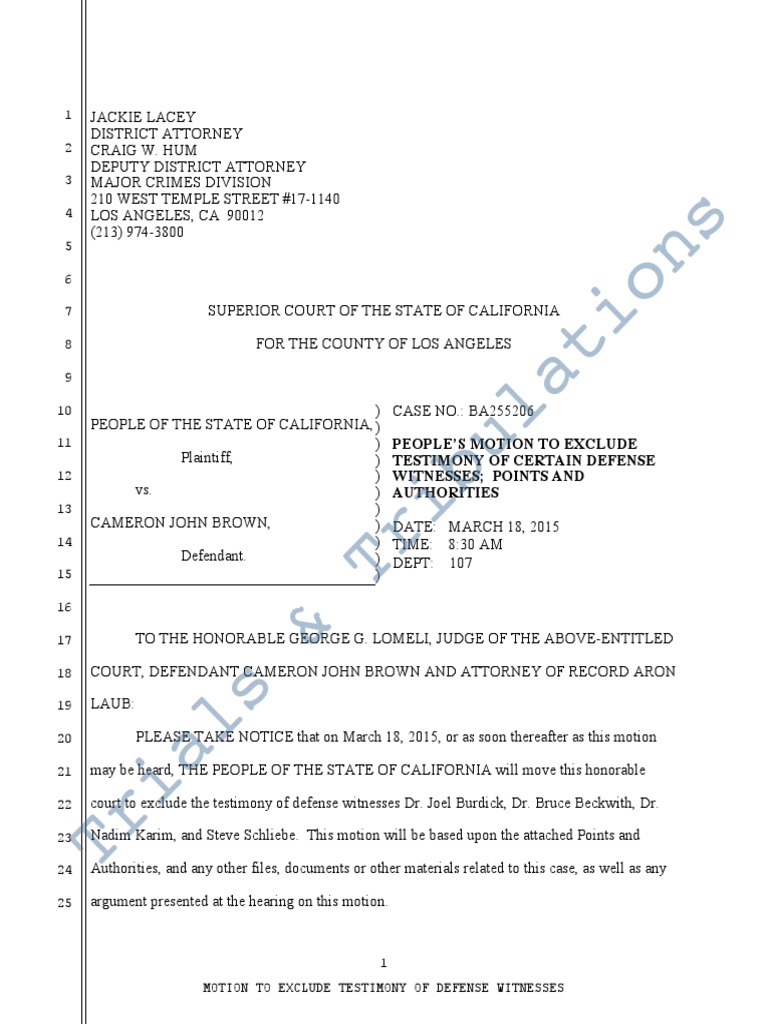 Cameron Brown Prosecution Motion To Exclude Testimony of Defense ...