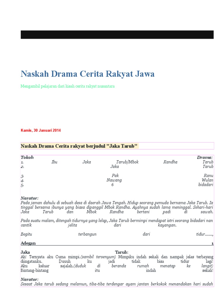 Naskah Drama Cerita Rakyat Jawa Naskah Drama Cerita Rakyat Berjudul 'Jaka Tarub' | PDF