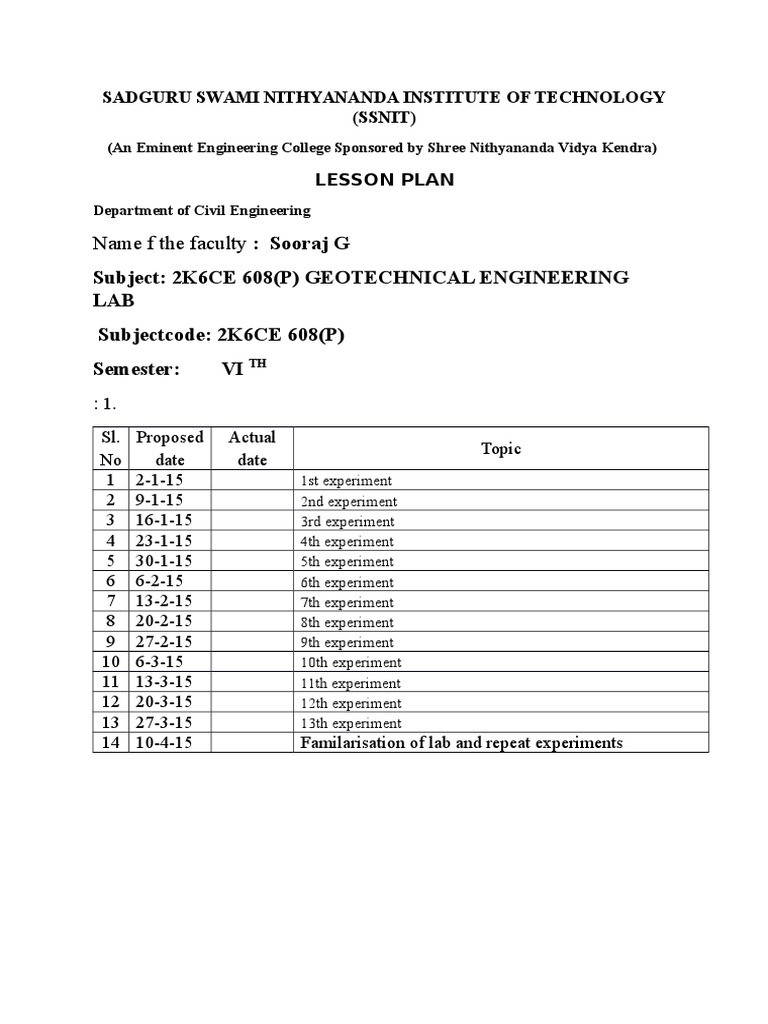 Geotechnical Engineering Lab Lesson Plan | PDF | Science & Mathematics
