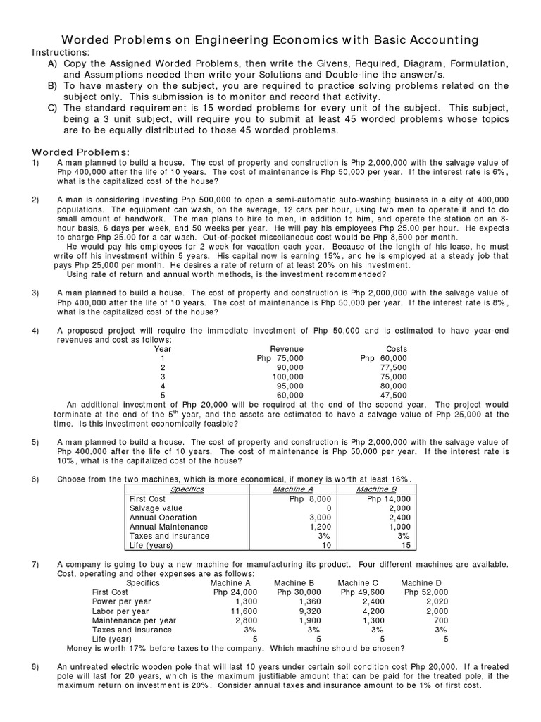 Engineering Economics Word Problems | PDF | Interest | Depreciation