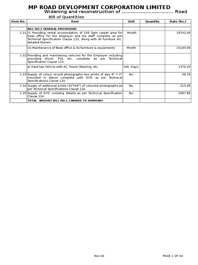 BOQ Format Sample Road-R5 | Masonry | Concrete