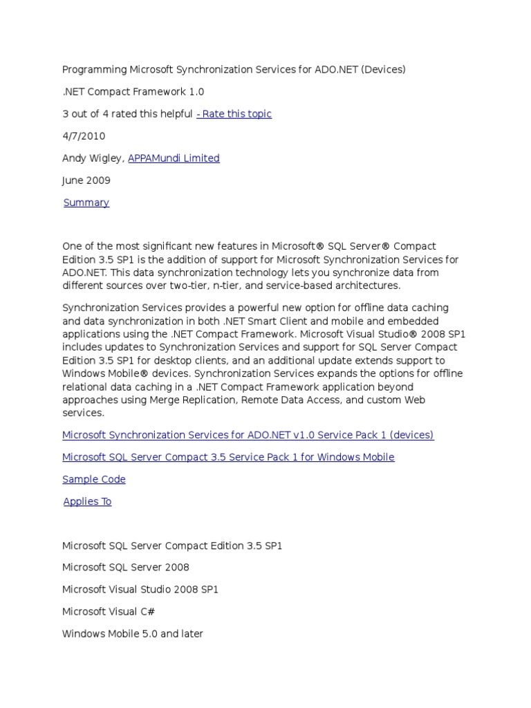 Programming Microsoft Synchronization Services For ADO | PDF ...
