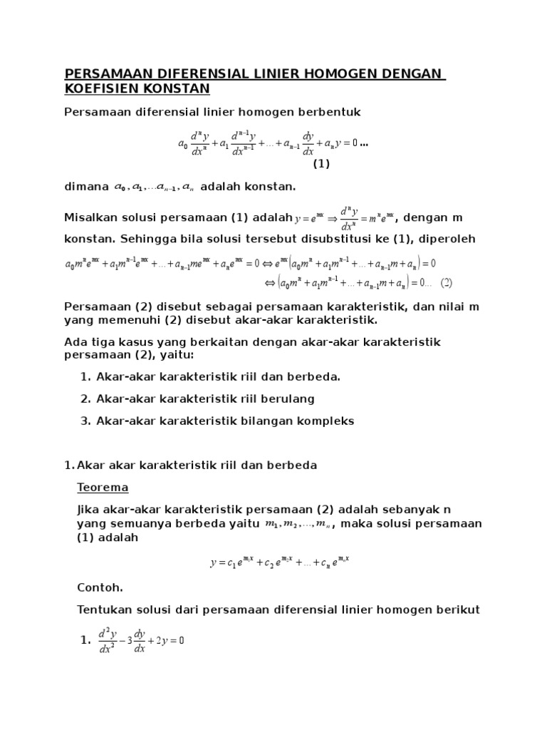 Persamaan Diferensial Linier Homogen Dengan Koefisien Konstan Kimia | PDF
