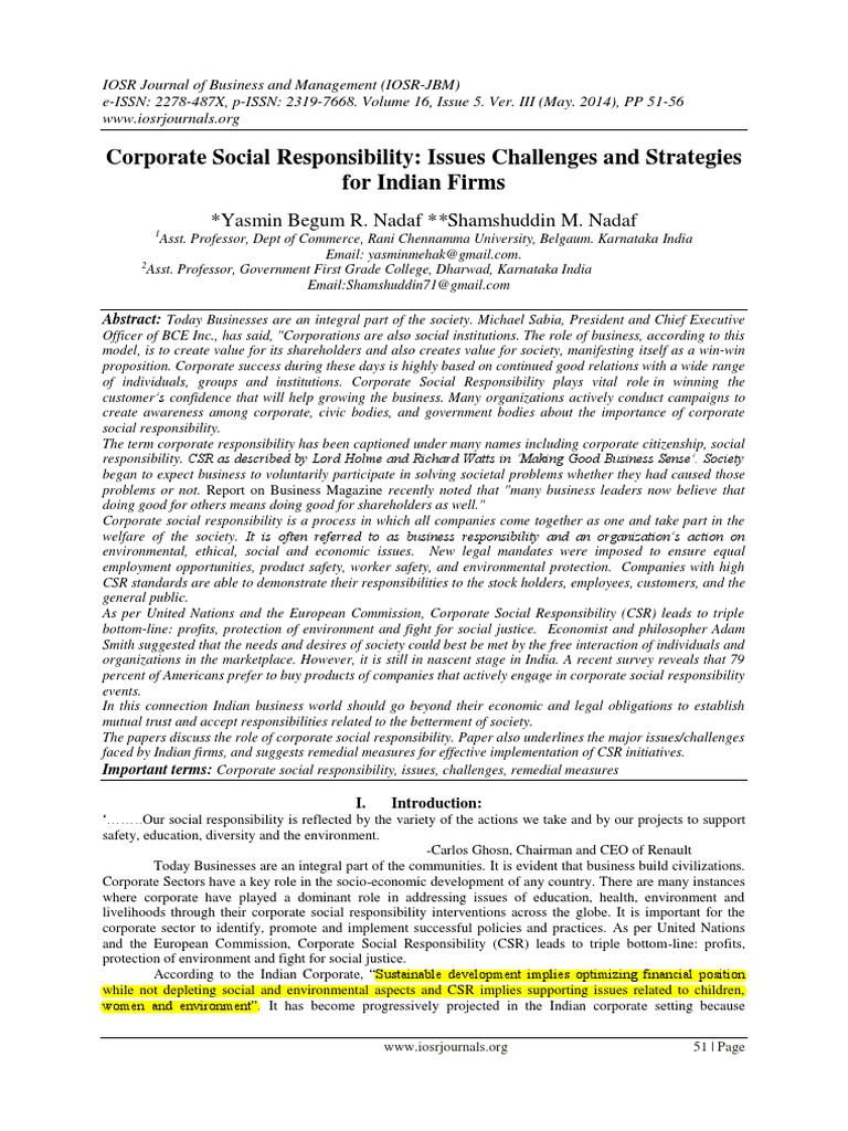 Article On CSR - Implementation - Challenges and Issues | PDF ...