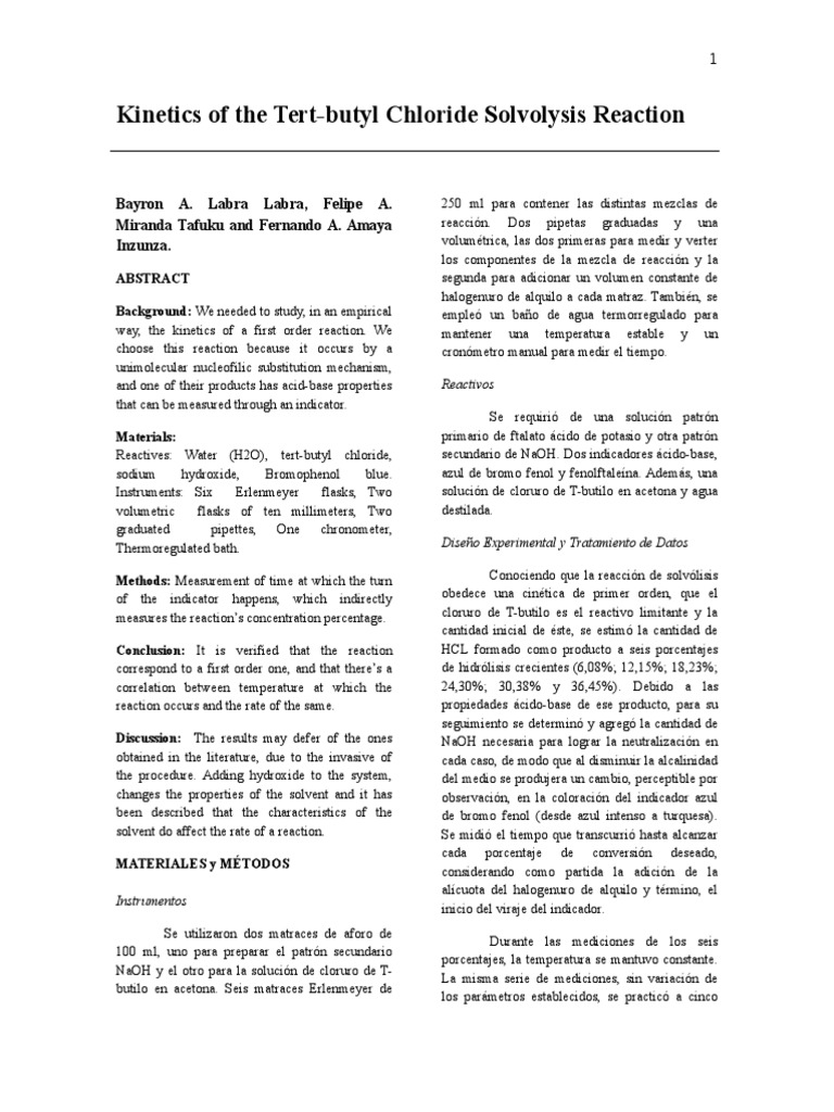 Cinética de La Reacción de Solvólisis de Cloruro de T-Butilo. | PDF ...