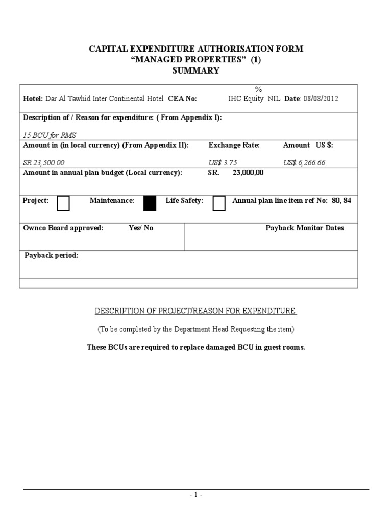 Capital Expenditure Authorisation Form "Managed Properties" | PDF