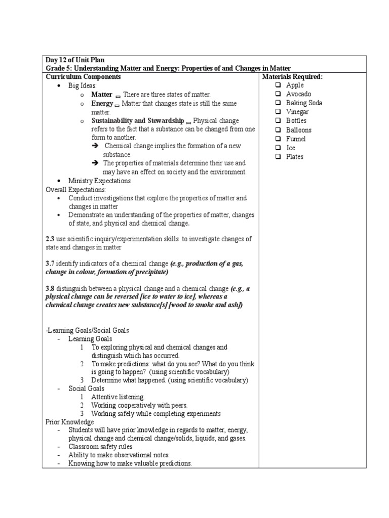 Grade 5 Lesson Plan: Matter & Energy | PDF | Matter | Educational ...