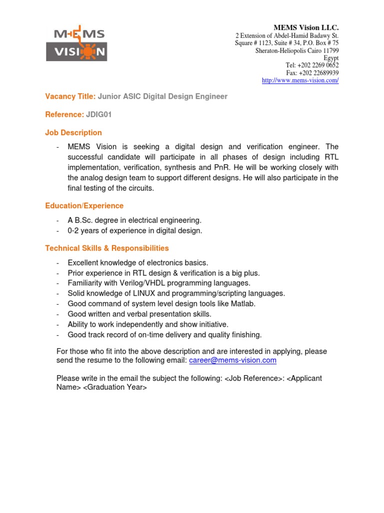 Junior ASIC Digital Design Engineer JDIG01: Vacancy Title: Reference ...