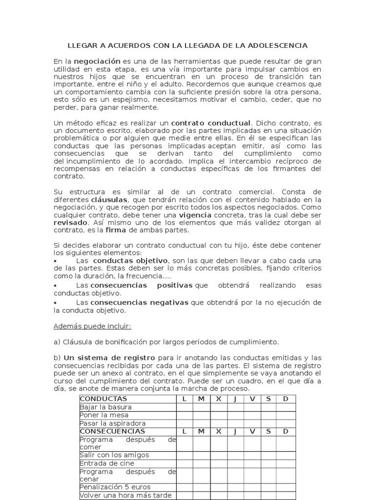 Contrato Conductual para Adolescentes | PDF | Negociación | Comportamiento