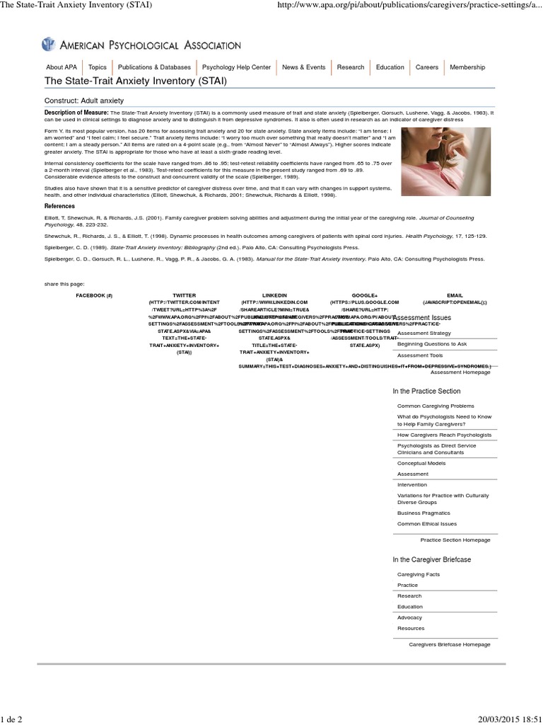 The State-Trait Anxiety Inventory (STAI) | PDF | Positive Psychology ...