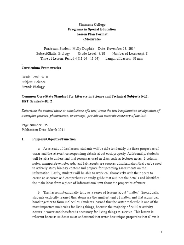 Properties of Water - Lesson Plan | PDF | Educational Assessment ...