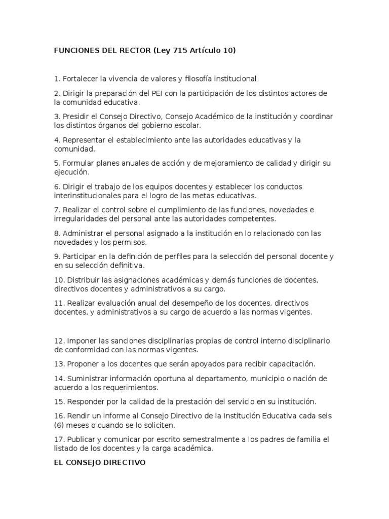 Funciones Del Rector | Descargar gratis PDF | Maestros | Plan de estudios