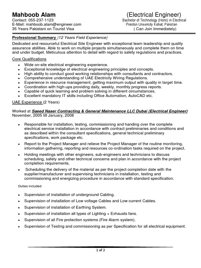 Electrical Engineer CV sample | Electric Power Distribution | Cable