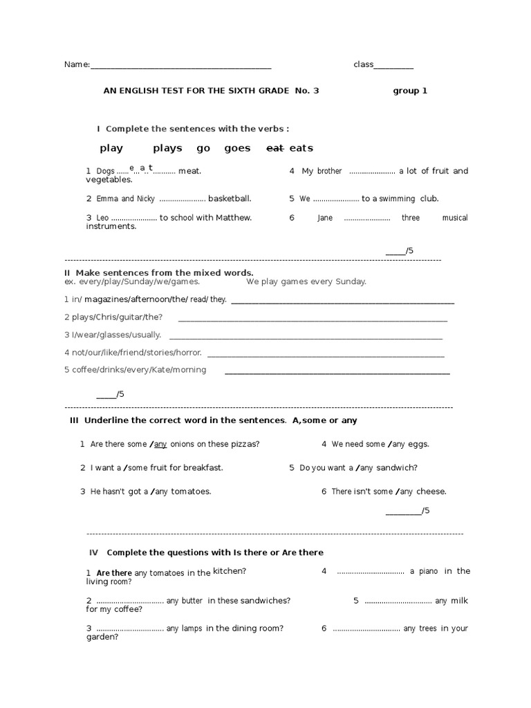 Sixth Grade English Test | PDF | Lunch | Meal