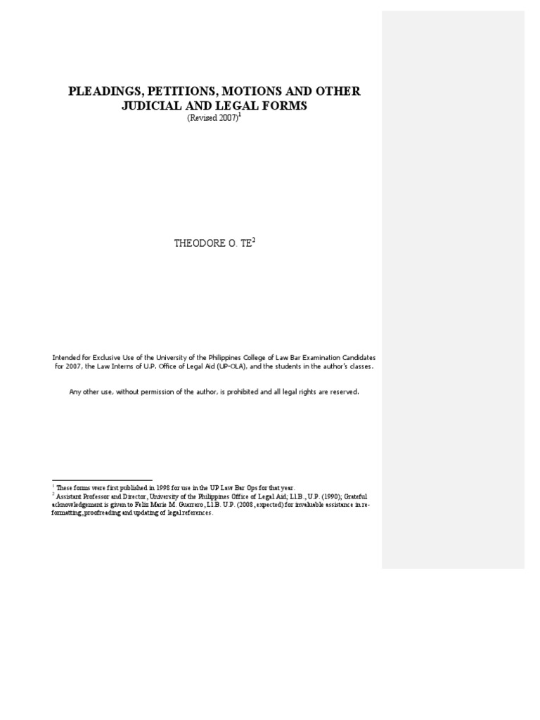 UP Law - Te Reviewer Legal Forms | PDF | Lawsuit | Pleading