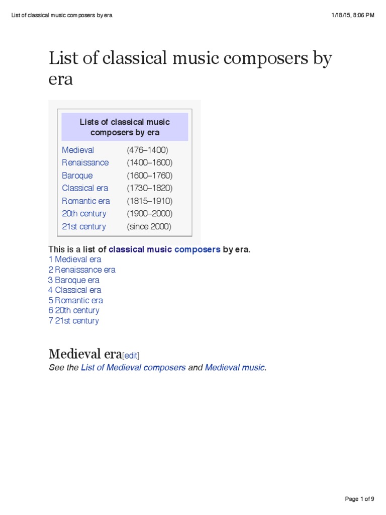 List of Classical Music Composers by Era | PDF