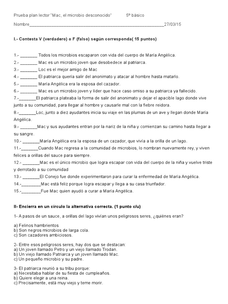 Prueba de Mac El Microbio Desconocido 5º | PDF | Ocio