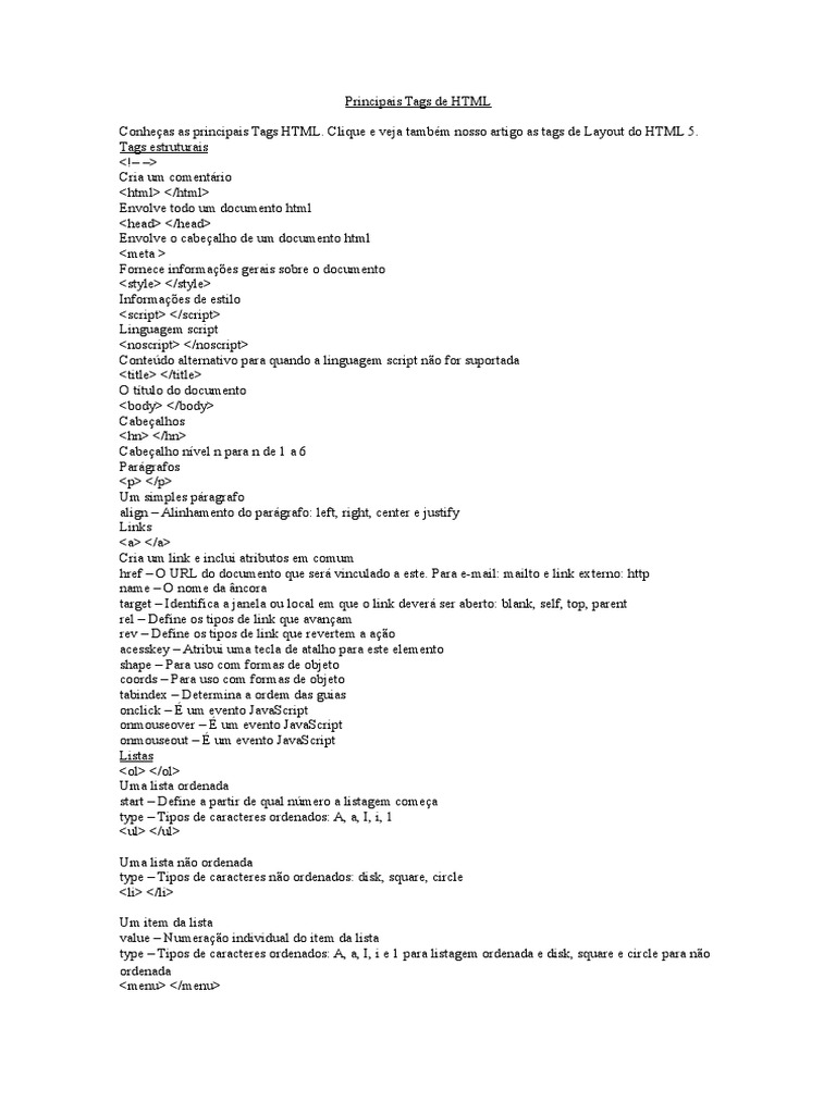 Principais tags HTML e suas funções | PDF | Html | Script Java