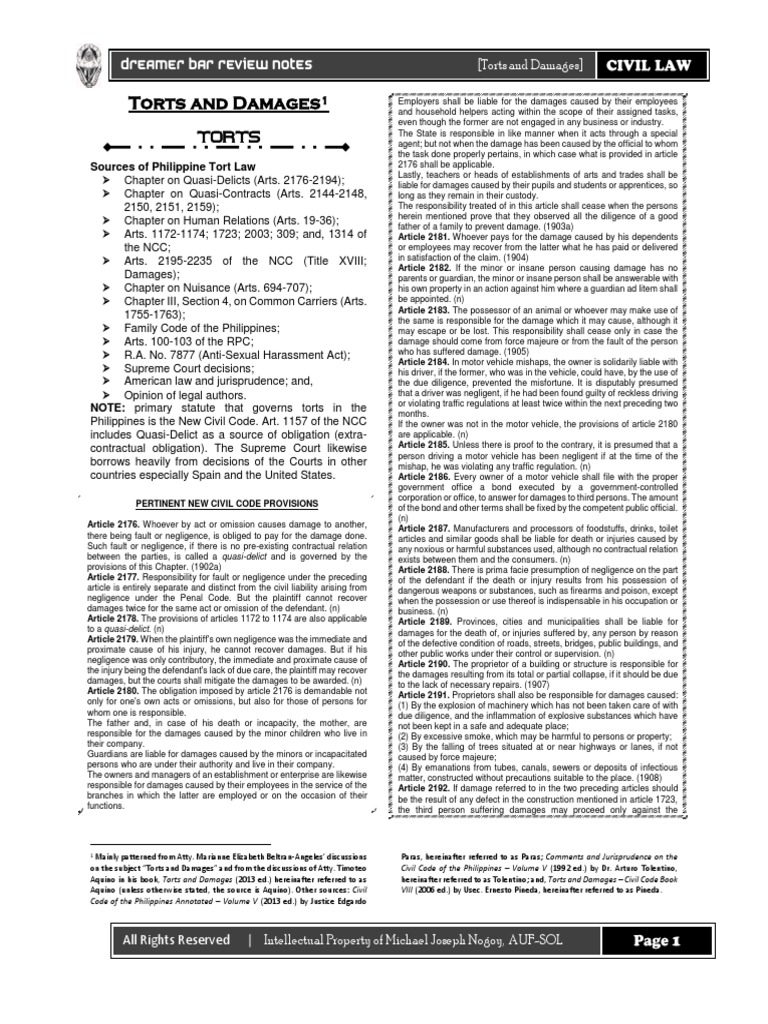 Torts and Damages (Partial Reviewer) | PDF | Tort | Negligence