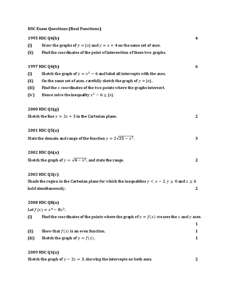 HSC Exam Questions (Real Functions) | PDF | Cartesian Coordinate System ...