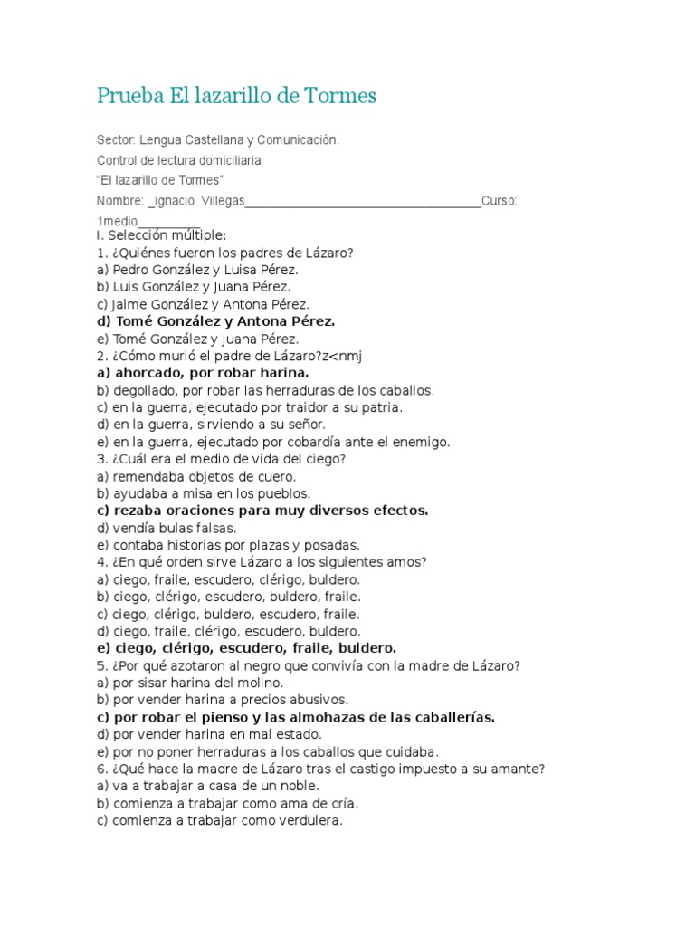 Prueba El Lazarillo de Tormes | PDF