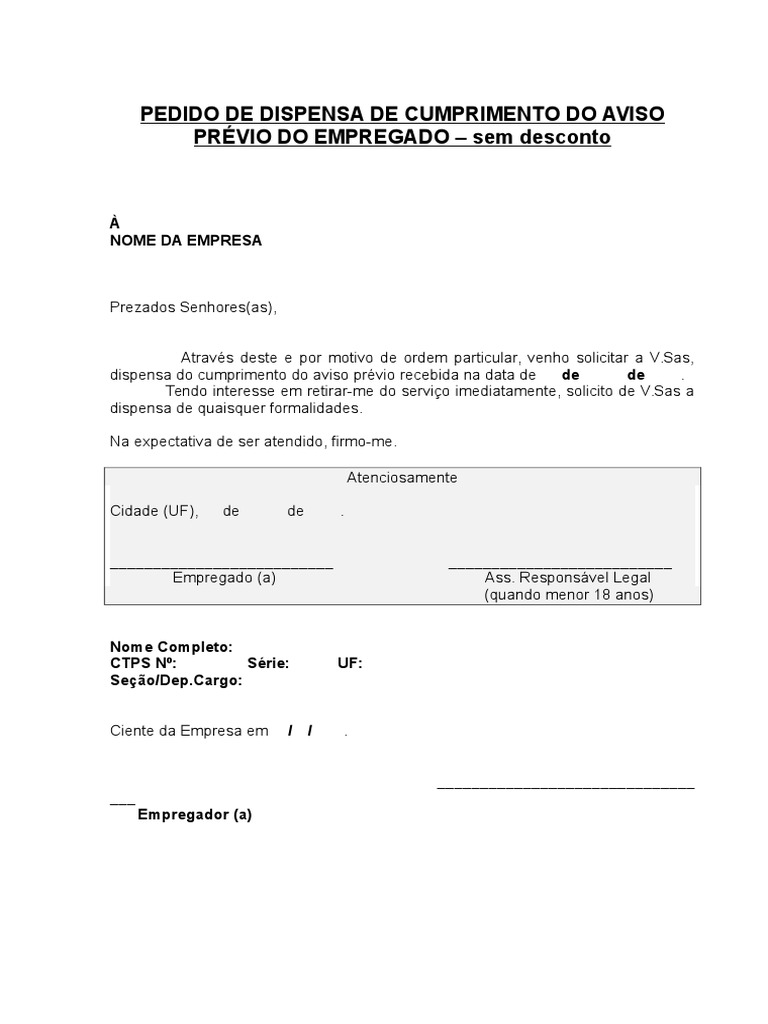Formulario Pedido de Dispensa Do Cumprimento Do Aviso Previo Sem Desconto