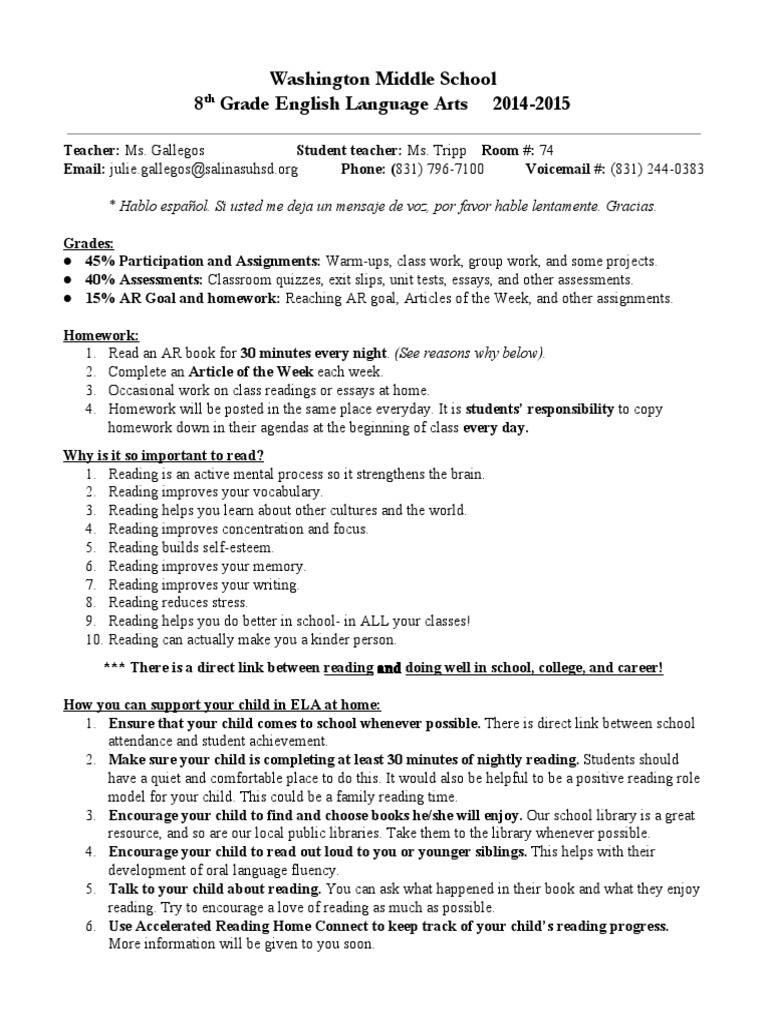 8th Grade ELA Overview and Homework Guide | PDF | Reading (Process ...