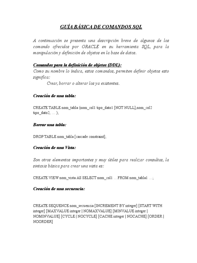 Guía Básica de Comandos SQL | PDF | SQL | Tabla (base de datos)