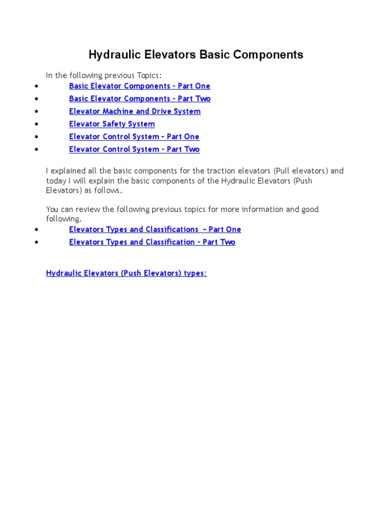 Hydraulic Elevators Basic Components | PDF | Elevator | Valve