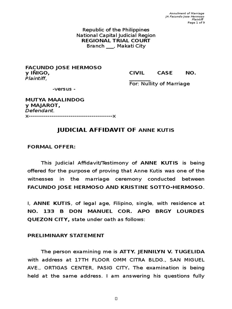 Witness Testimony in an Annulment Case: The Judicial Affidavit of Anne ...
