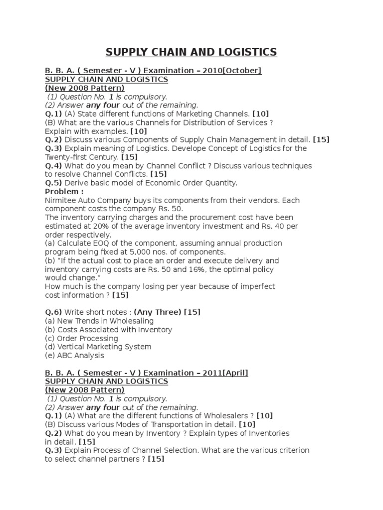 SUPPLY CHAIN AND LOGISTICS EXAM QUESTIONS | PDF | Logistics | Supply ...