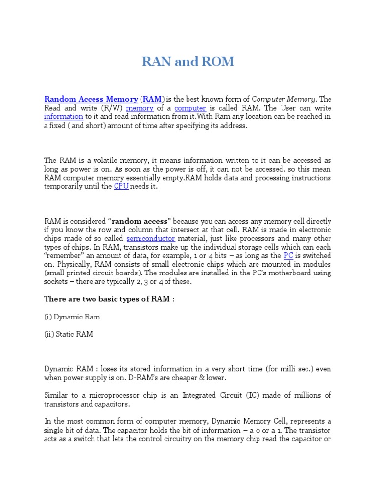 RAM and Rom | PDF | Random Access Memory | Computer Data Storage