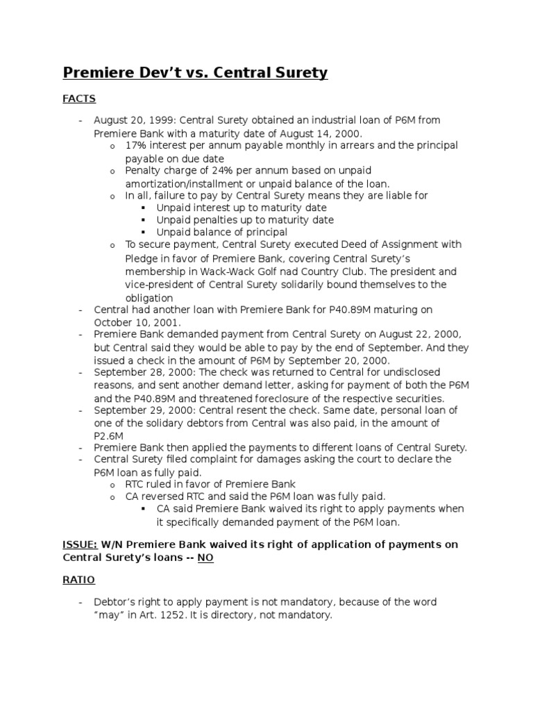 Premiere Devt V Central Surety | PDF | Loans | Payments