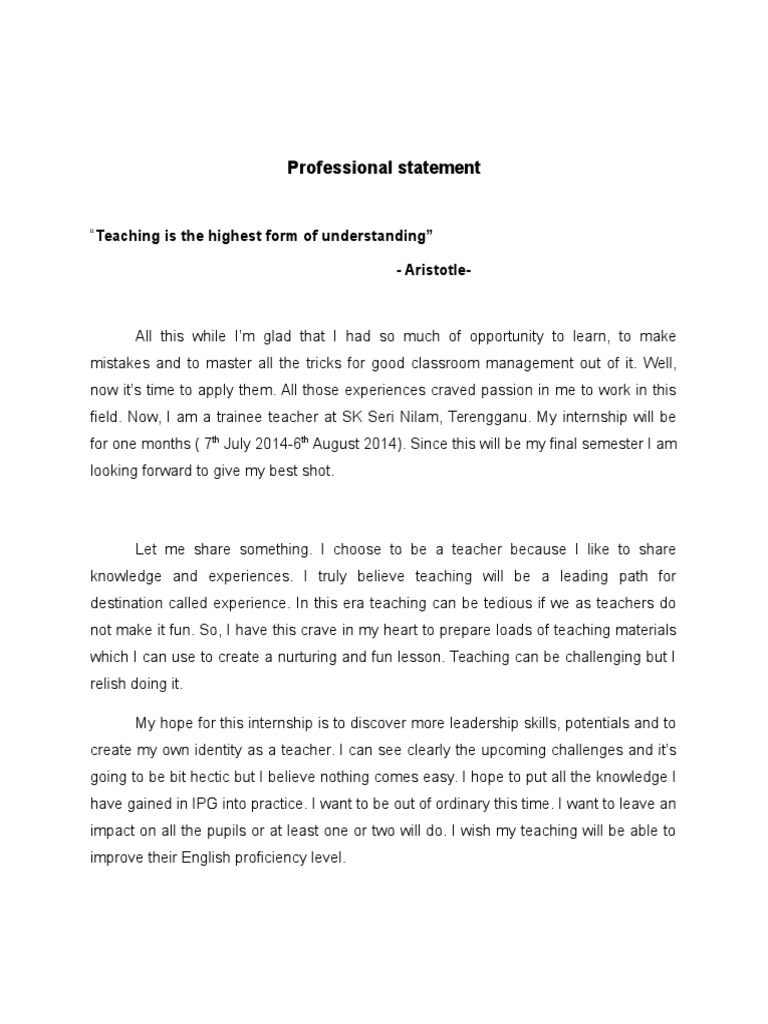 Professional Statement of A Teacher | PDF
